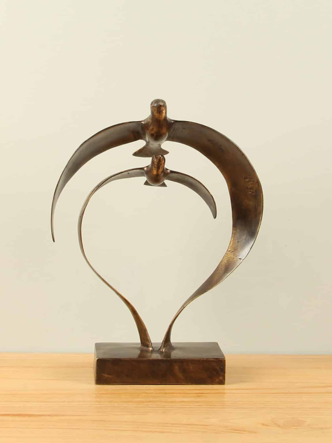 Bronzen beeld 2 vogels boven elkaar, 34 cm - Beeldenmarkt